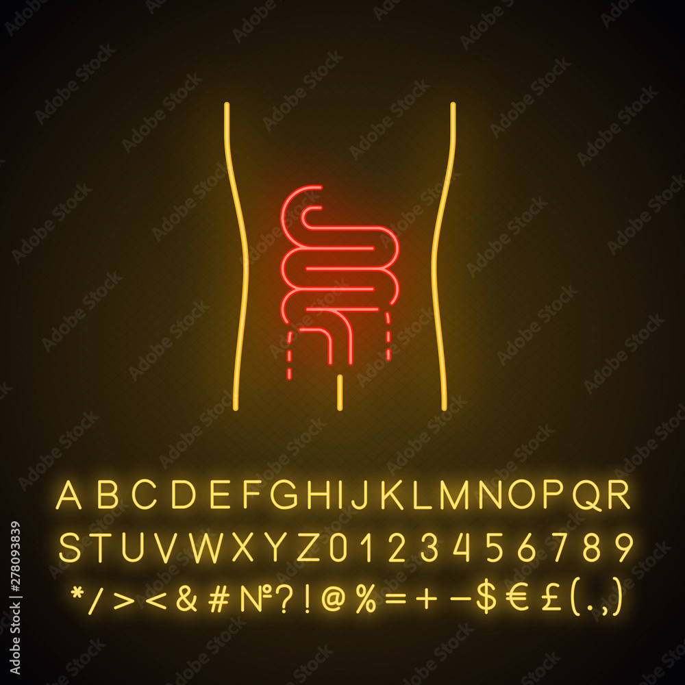 Ill intestines neon light icon. Sore human organ. Unhealthy digestive ...