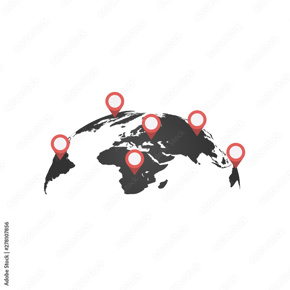 Vector map of the world and map navigation icons and pin on white ...