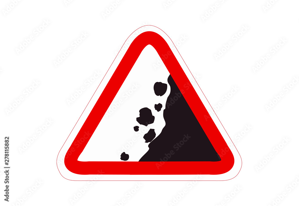 falling rocks road sign. Warning sign with gravel on road symbol. Vector illustration of ...