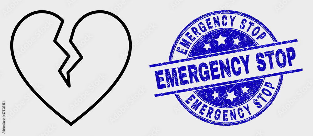 Vector line broken heart icon and Emergency Stop watermark. Blue ...