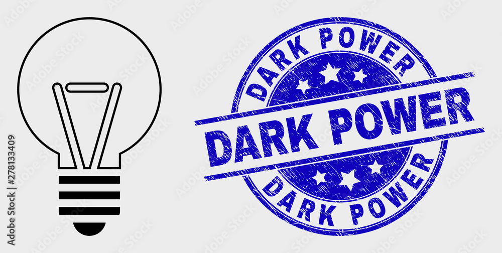 Vector contour electric bulb icon and Dark Power stamp. Blue round ...