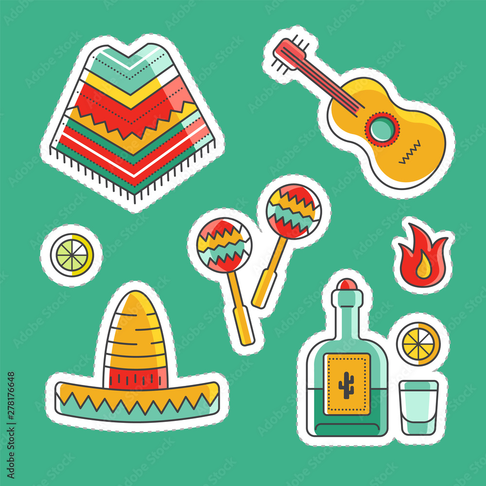 Collection of vector sticker illustration pack. Colorful mexican ...