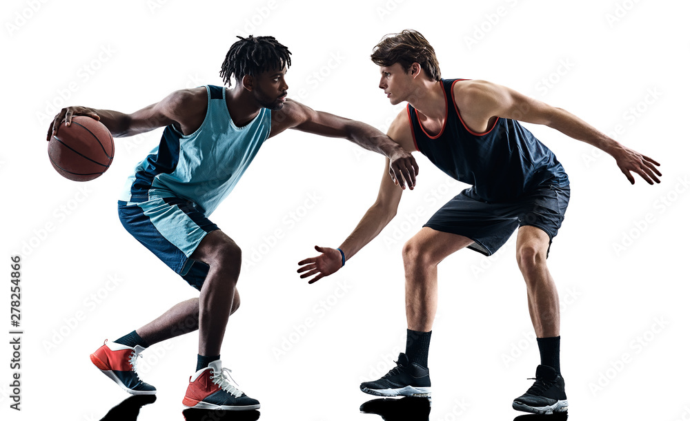 two basketball players men isolated in silhouette shadow on white ...