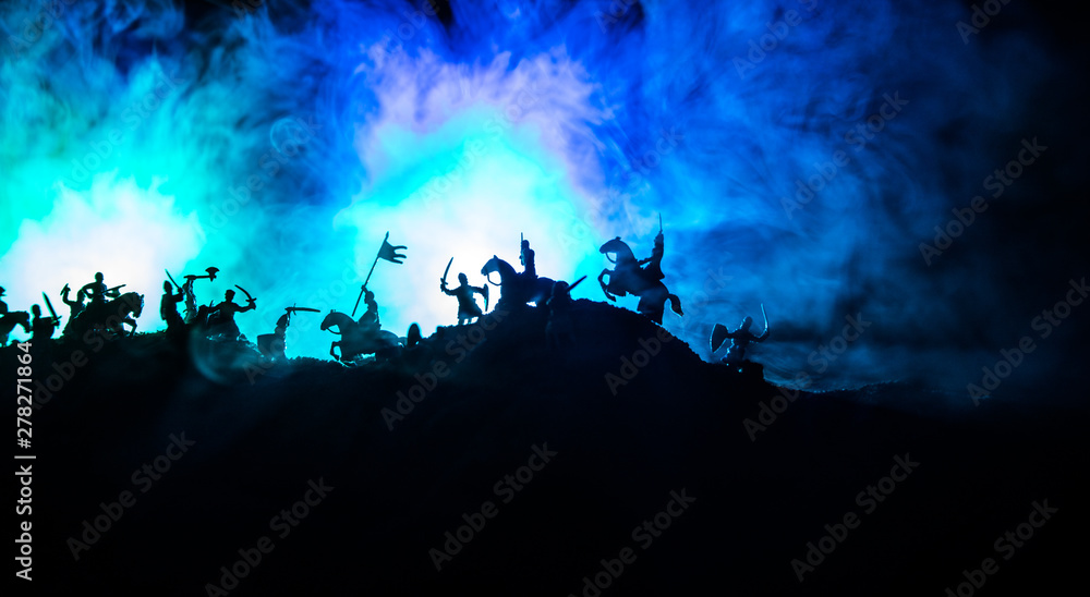 Medieval battle scene with cavalry and infantry. Silhouettes of figures ...