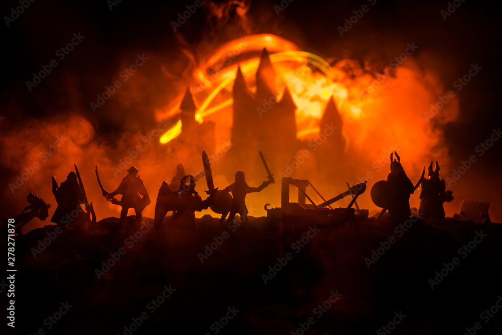Medieval battle scene with cavalry and infantry. Silhouettes of figures ...