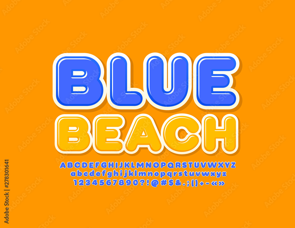 Vector sunny emblem Blue Beach. Bright modern Font. Set of creative ...