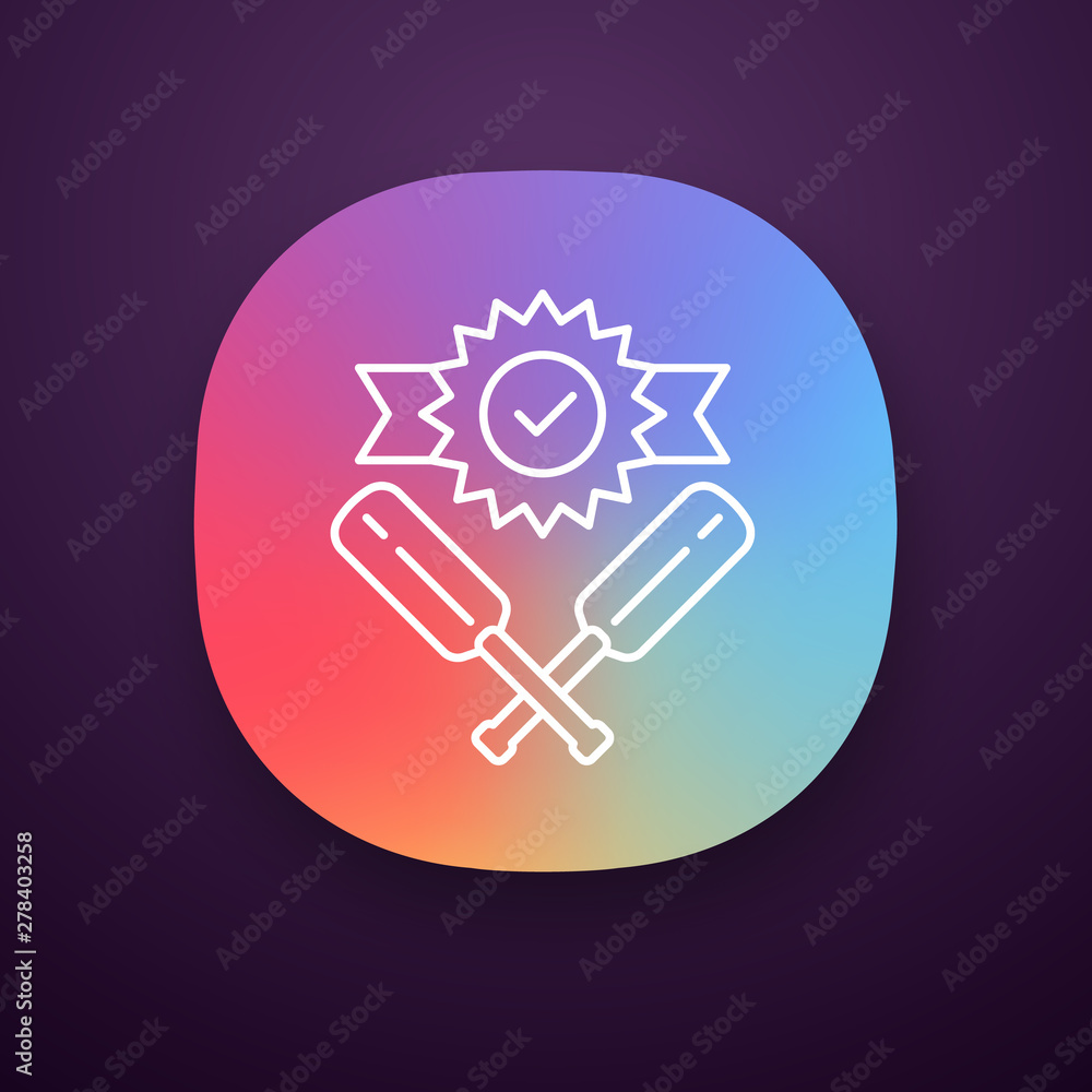 Cricket win app icon. Sport tournament. Winner trophy, crossed bits ...