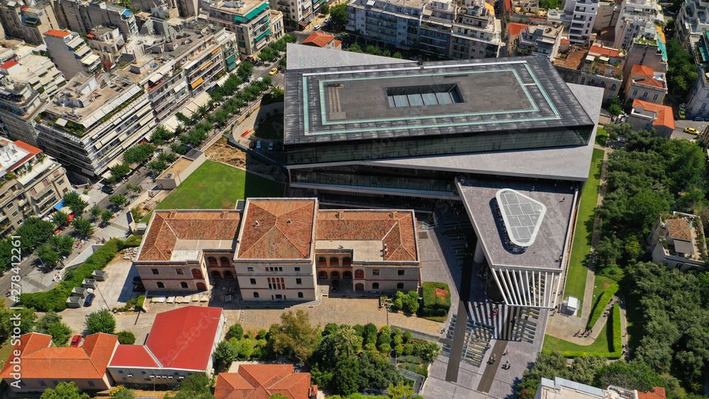 Aerial photo taken by drone of iconic new modern landmark Acropolis museum, Athens historic ...