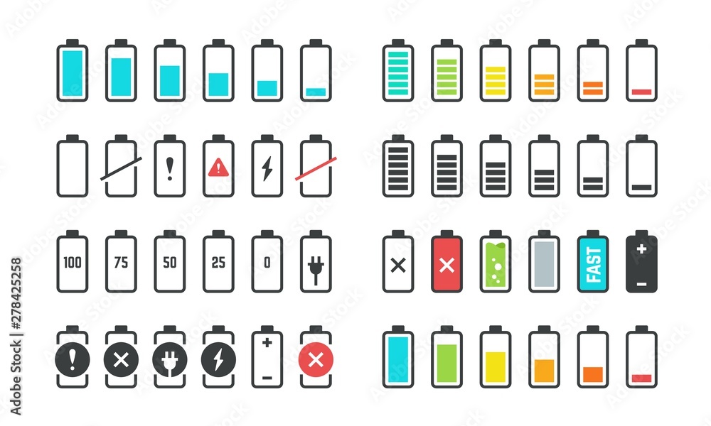 Battery icons. Phone charge level, UI design elements of battery ...
