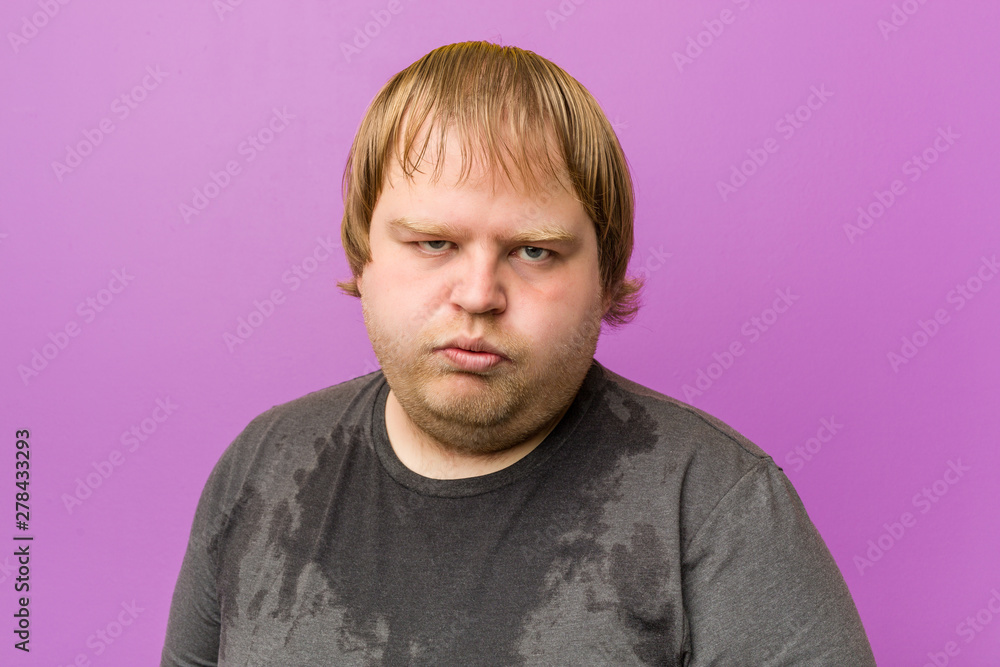 Caucasian crazy blond fat man sweating Stock Photo | Adobe Stock