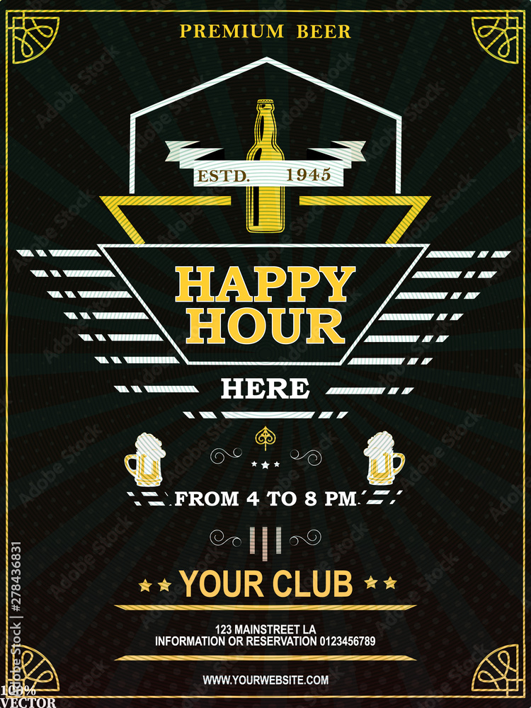 Happy Hours flyer, banner or template design with beer mug icons and ...