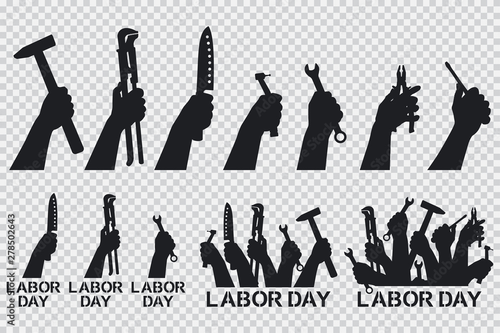 Labor day. Hand holding tools vector black silhouettes icons set ...