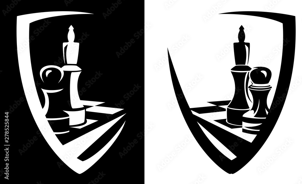 king and pawn chess pieces inside heraldic shield - sport game black ...