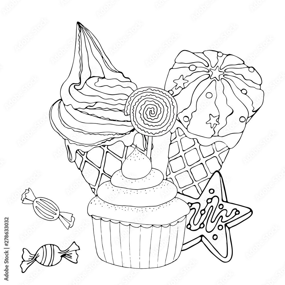 Coloring page with cake, ice cream, cupcake, candy and other dessert ...