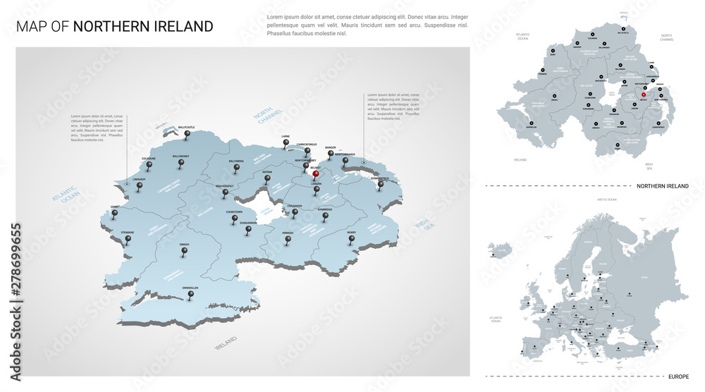 Vector set of Northern Ireland country. Isometric 3d map, Northern ...