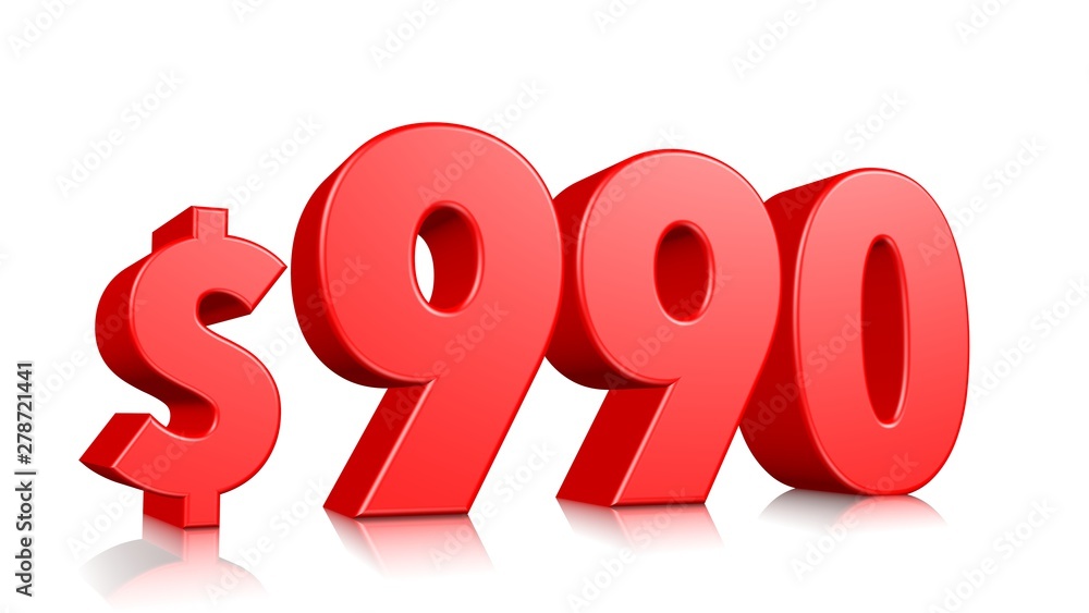990$ Nine hundred ninety price symbol. red text number 3d render with ...