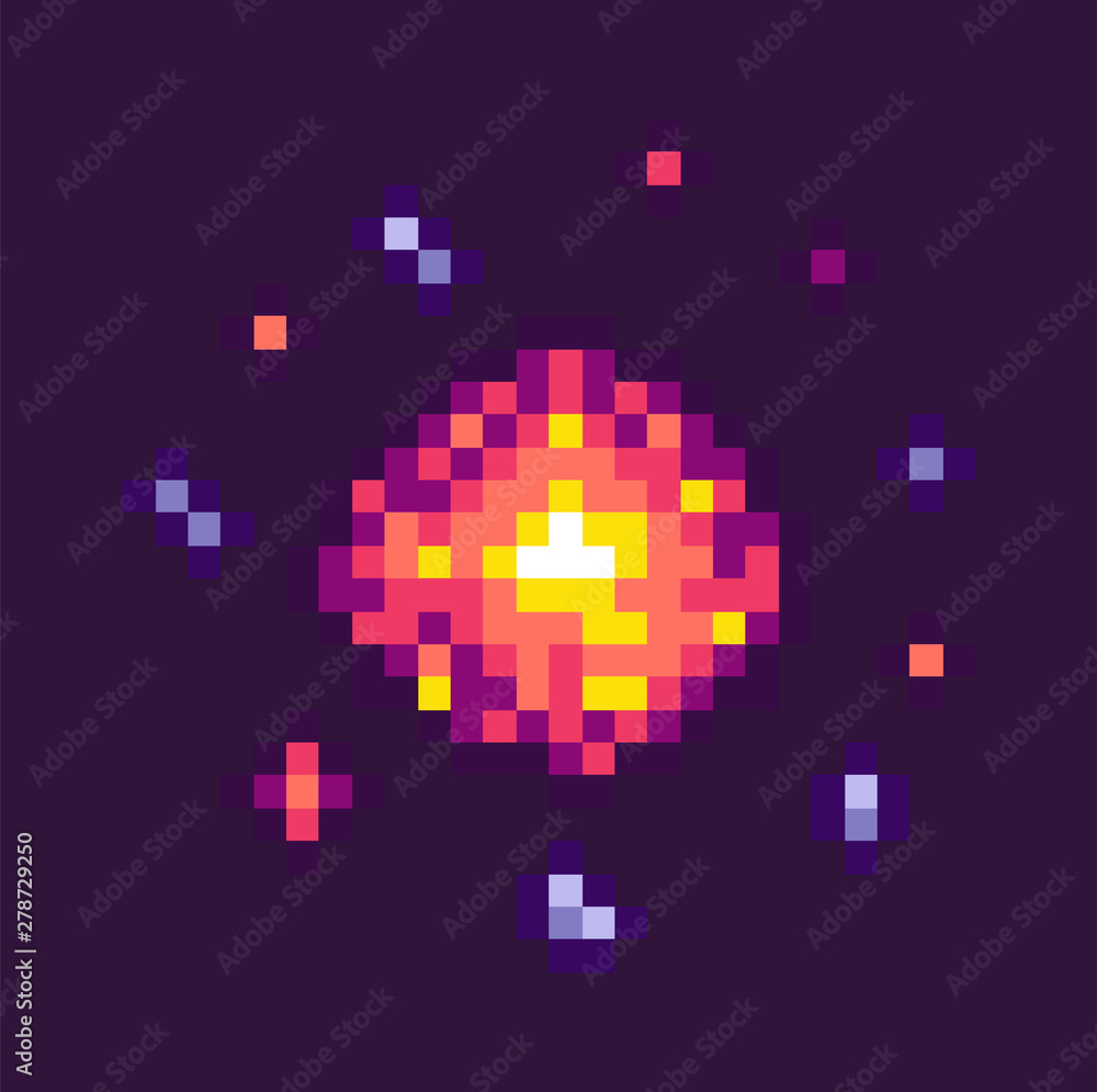 Equipment of pixel game. Powerful explosion on black background. 8 bit ...