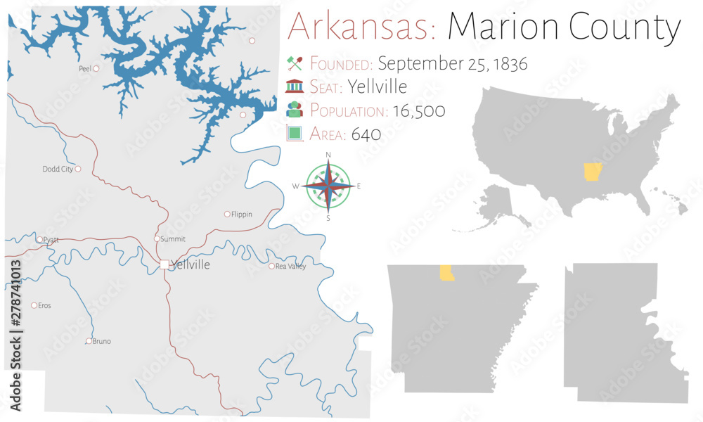 Large and detailed map of Marion county in Arkansas, USA Stock Vector ...