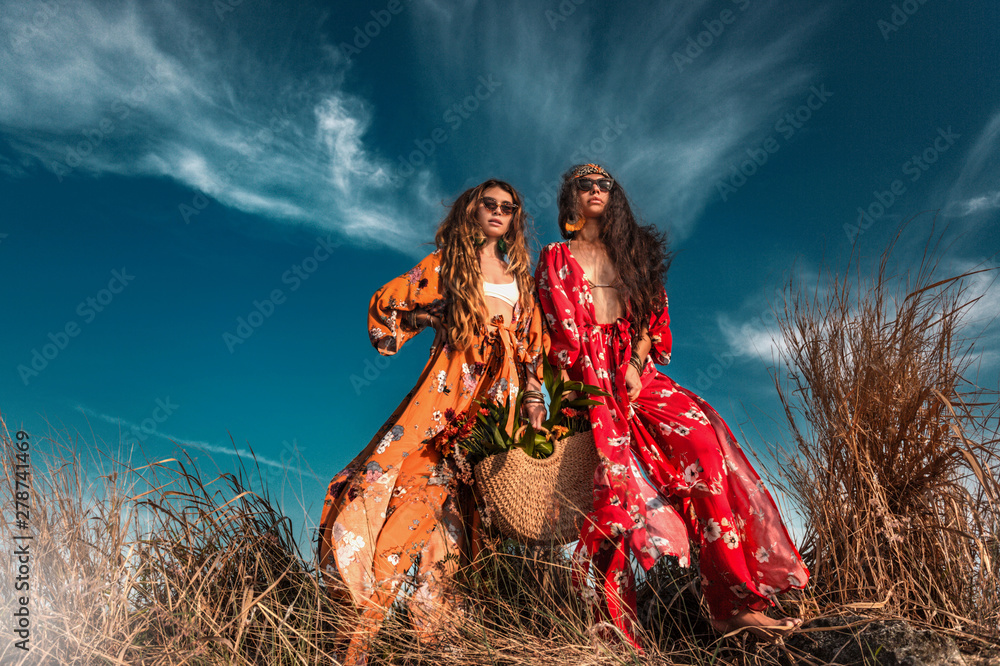 two beautiful stylish boho models outdoors Stock Photo | Adobe Stock
