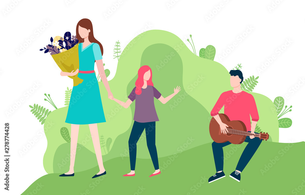 เวกเตอร์ Stock Mother and daughter walking together holding hands ...