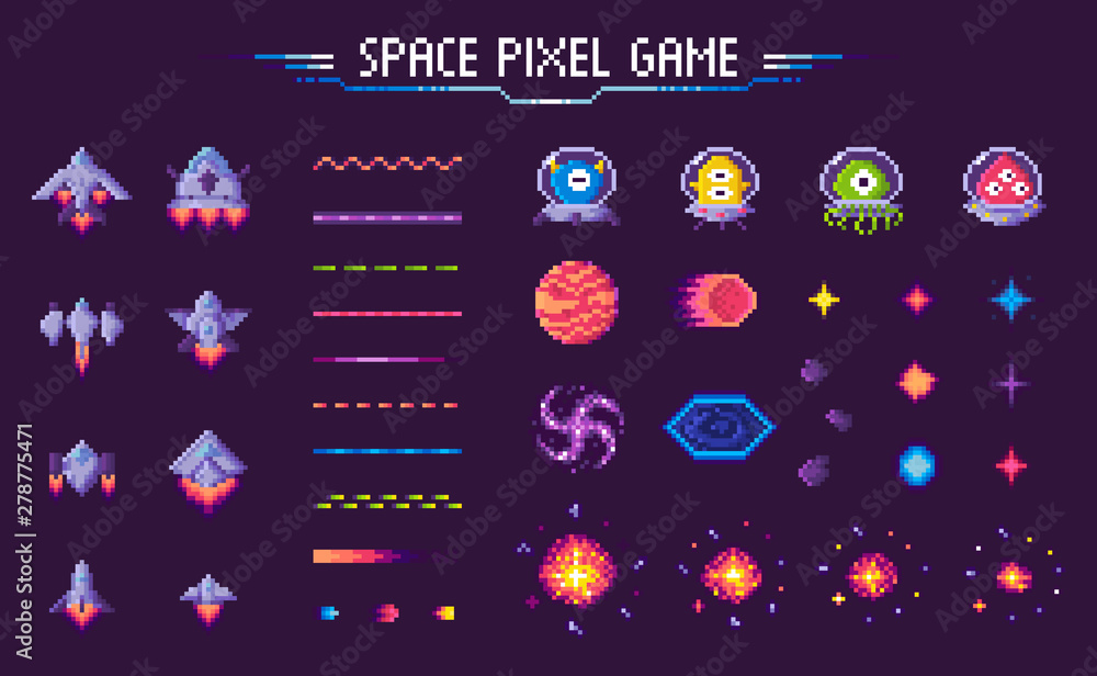 Space pixel game vector, isolated icons of 8 bit graphics, lines and ...