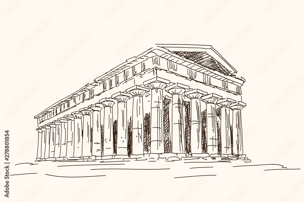 Old ruined ancient greek temple with columns. Quick pencil sketch ...
