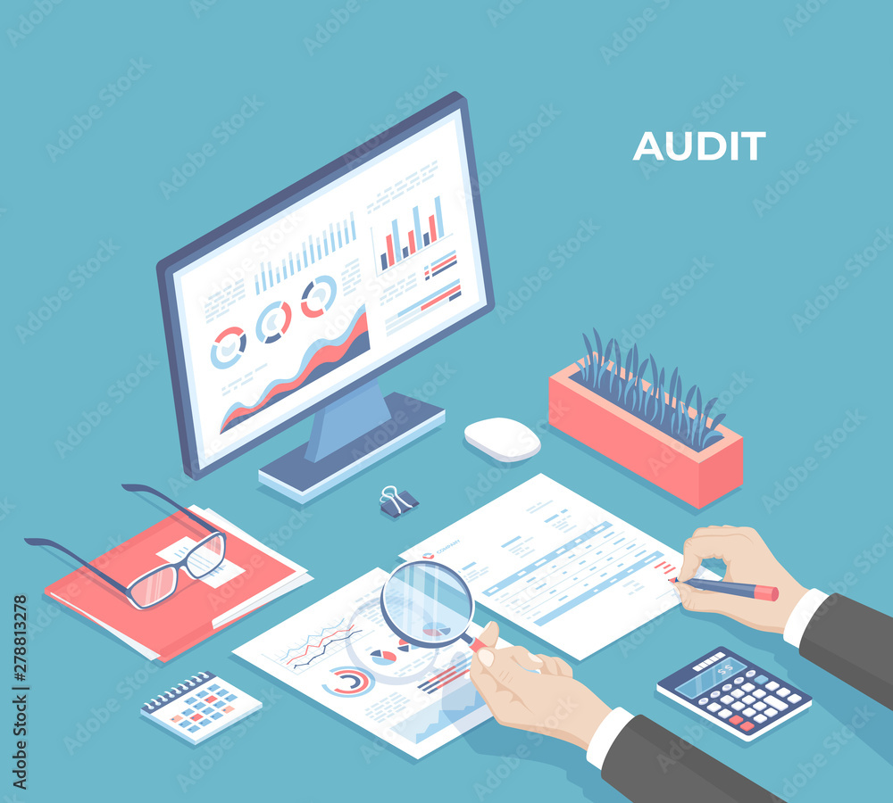 Vetor Auditing concepts. Businessman auditor inspects financial ...