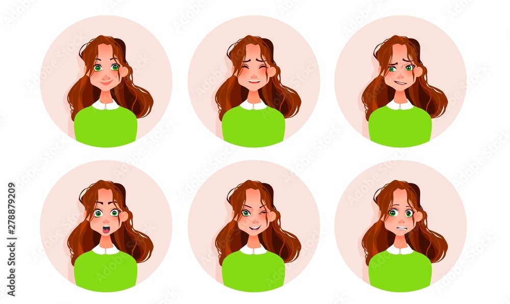 Set of woman's emotions. Facial expression. Girl Avatar. Vector ...