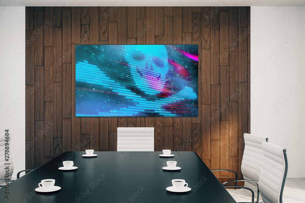 Conference room interior with hacking picture on screen monitor on the wall. Data safety concept ...