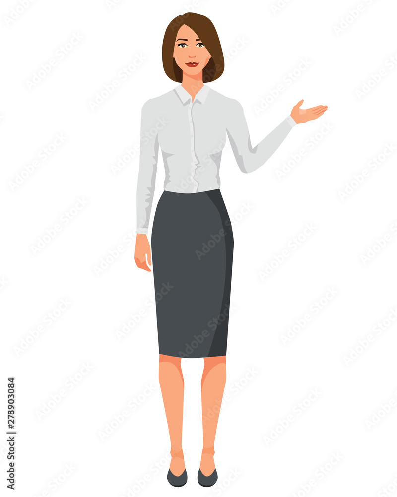 Vector illustration of business woman in official clothes with hand up ...