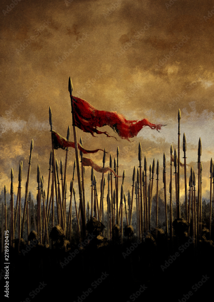 Battle ready army with flags and spears on the sunset Stock ...