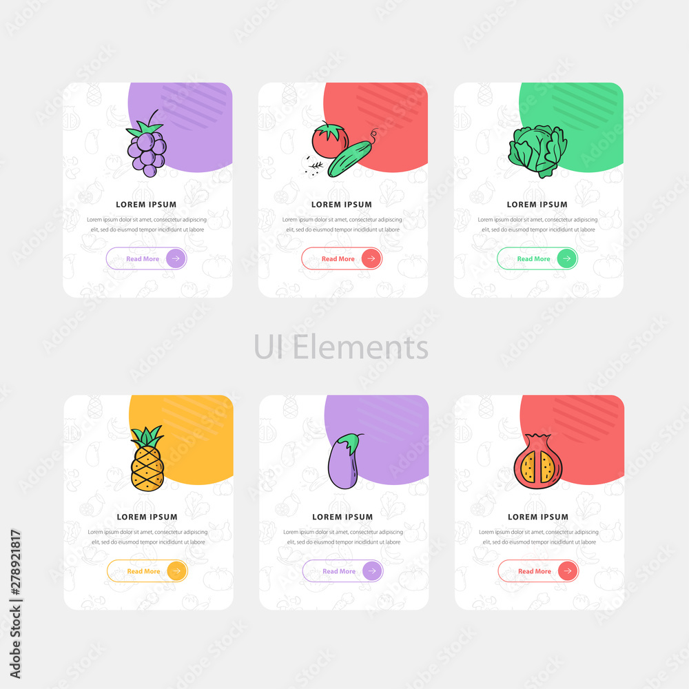 Creative fruit and vegetables web cards with text and icon. Website and application cards design ...