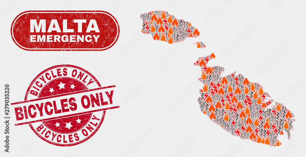 Vector composition of hazard Malta map and red round scratched Bicycles ...
