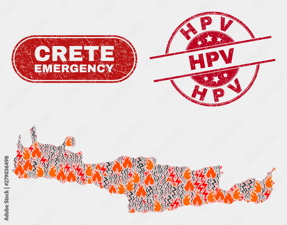 Vector collage of wildfire Crete map and red round distress Hpv stamp ...