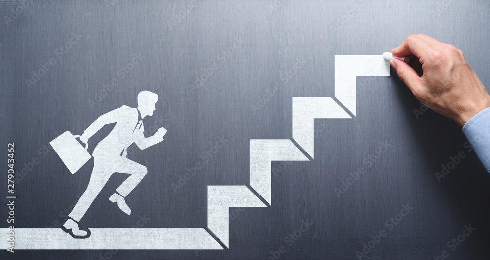 Foto Stok Step up of business career. Businessman drawing steps on ...