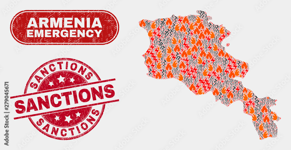 Vector composition of wildfire Armenia map and red round distress ...