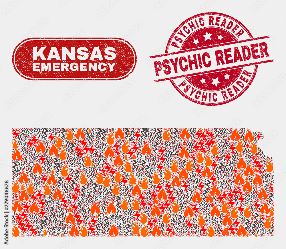 Vector composition of hazard Kansas State map and red round scratched ...