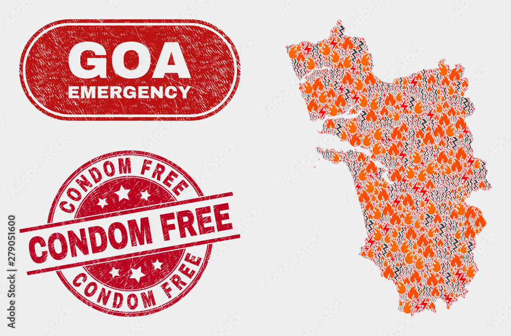 Vector collage of disaster Goa State map and red round grunge Condom ...