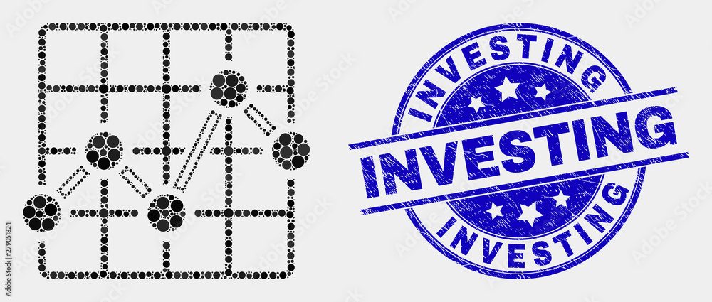 Dotted chart grid mosaic icon and Investing seal. Blue vector round ...
