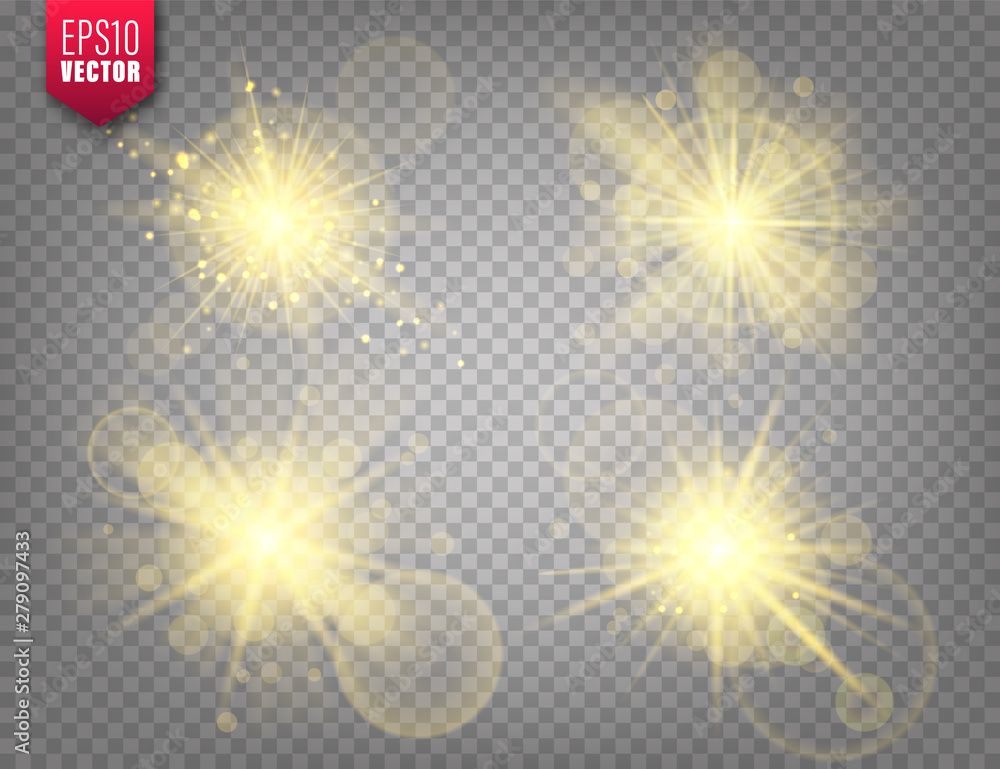 Glowing lights set on transparent background. Lens flare effect. Bright sparkling flash ...
