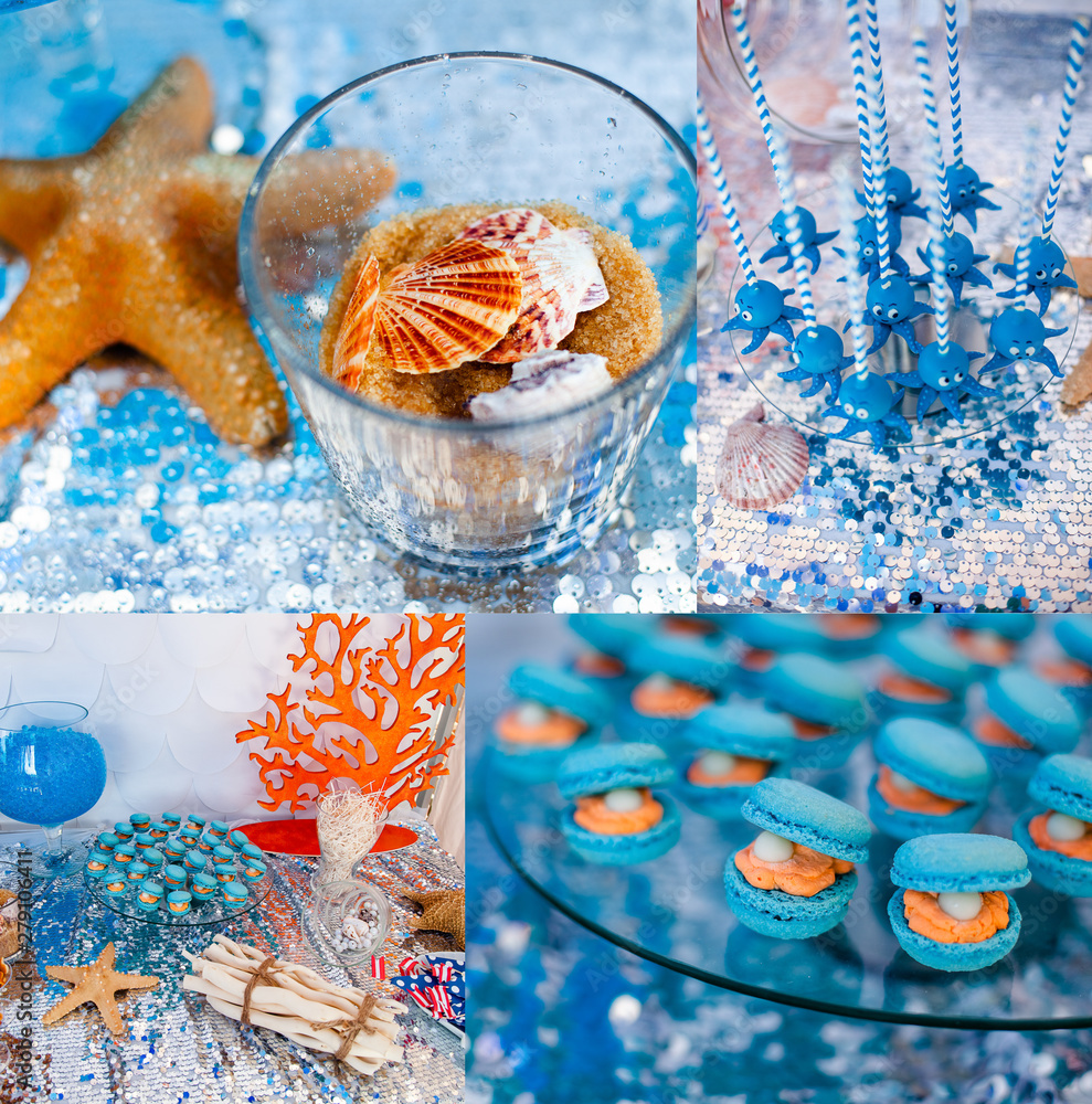 Sea and summer time theme for party or birthday. Collage of five ...