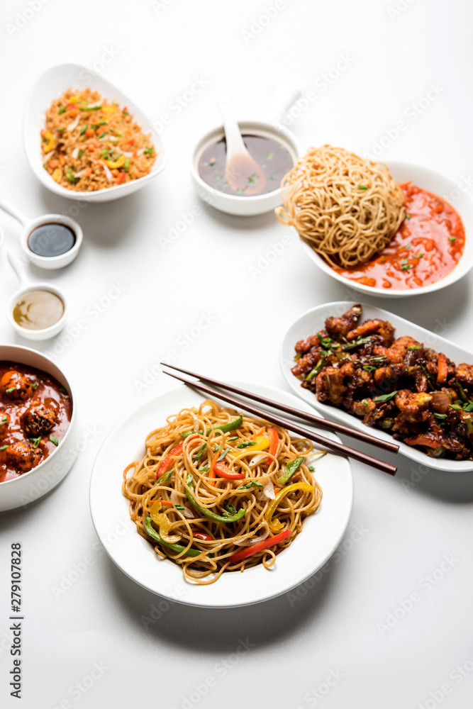 Assorted Indo chinese dishes in group includes Schezwan/Szechuan hakka ...