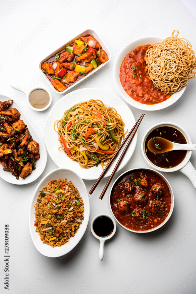 Assorted Indo chinese dishes in group includes Schezwan/Szechuan hakka ...