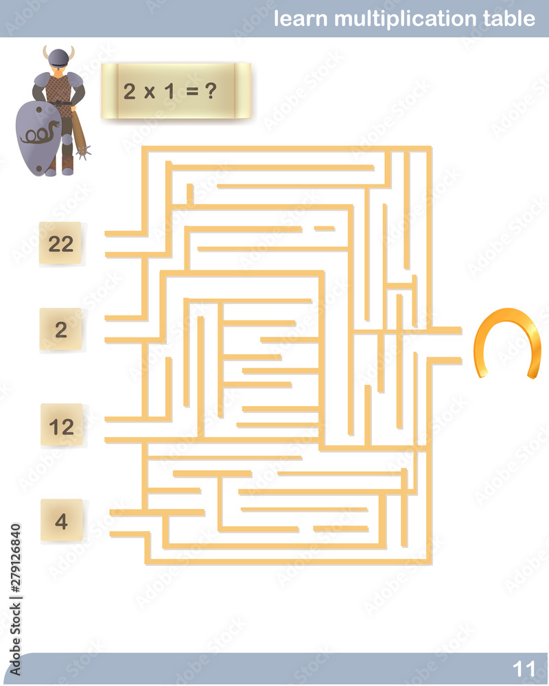 Learn multiplication table. Labyrinth. Viking Adventure. Vector ...