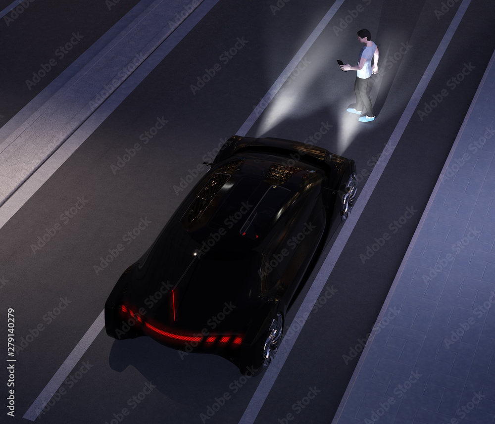 Black car emergency braking avoid car accident from pedestrian walking cross road at darkness ...