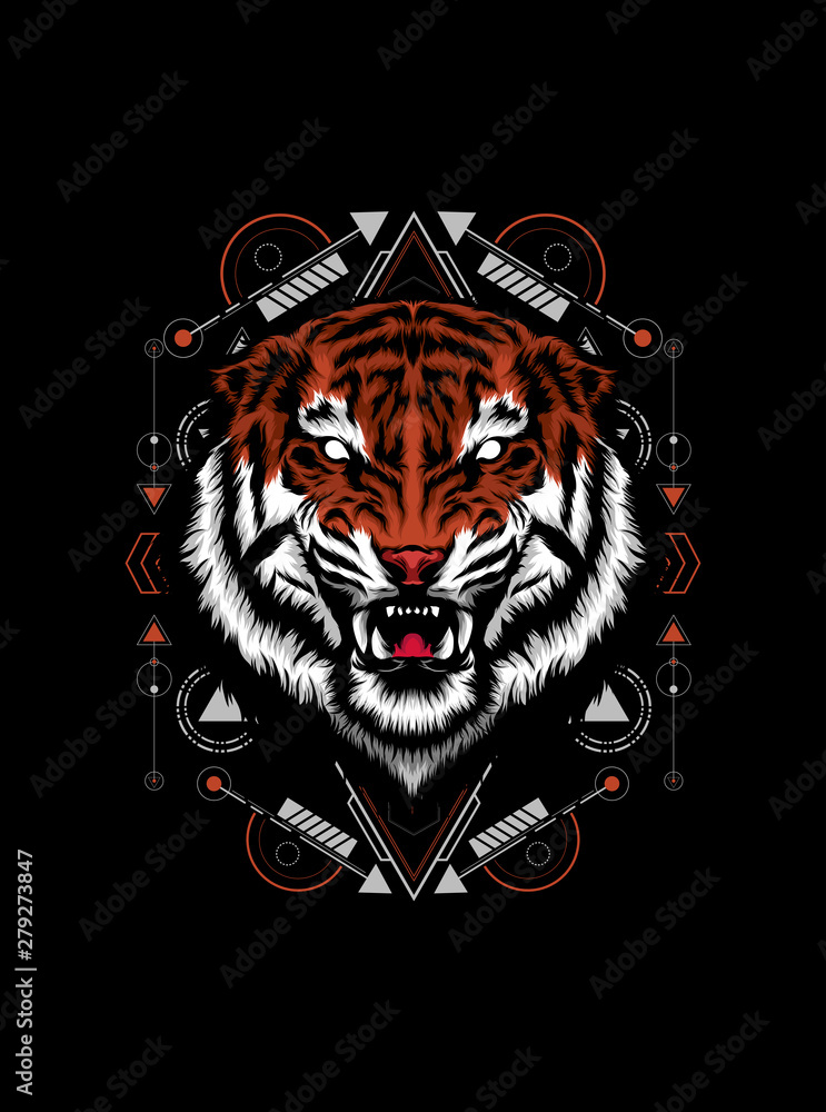Wild tiger head logo illustration with sacred geometry pattern as the ...