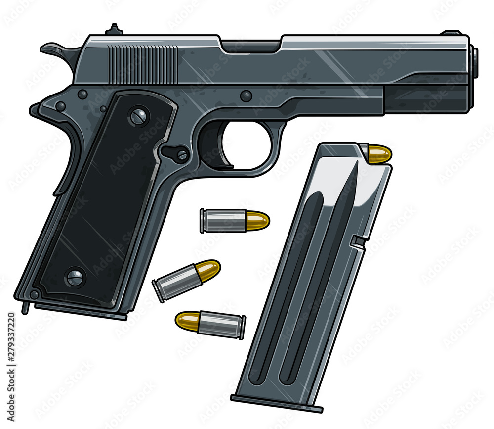 Graphic cartoon colorful detailed metallic handgun pistol with ammo ...