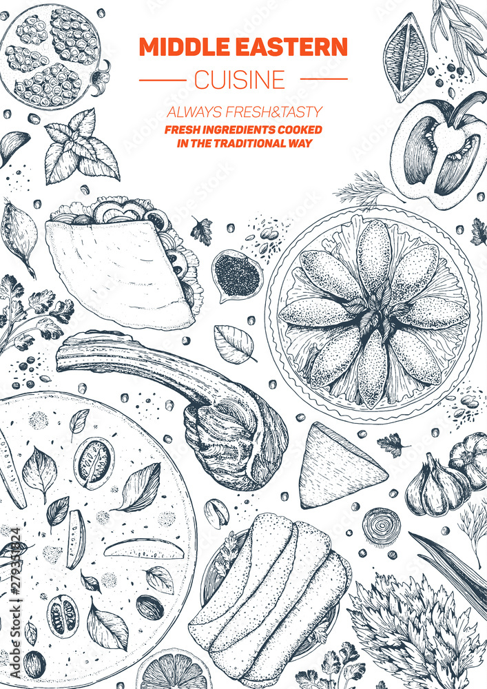 Middle eastern cuisine top view frame. Food menu design with manakish ...