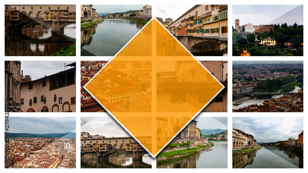 Collage photos of Florence, Italy, in 16: 9 format. UNESCO heritage and ...