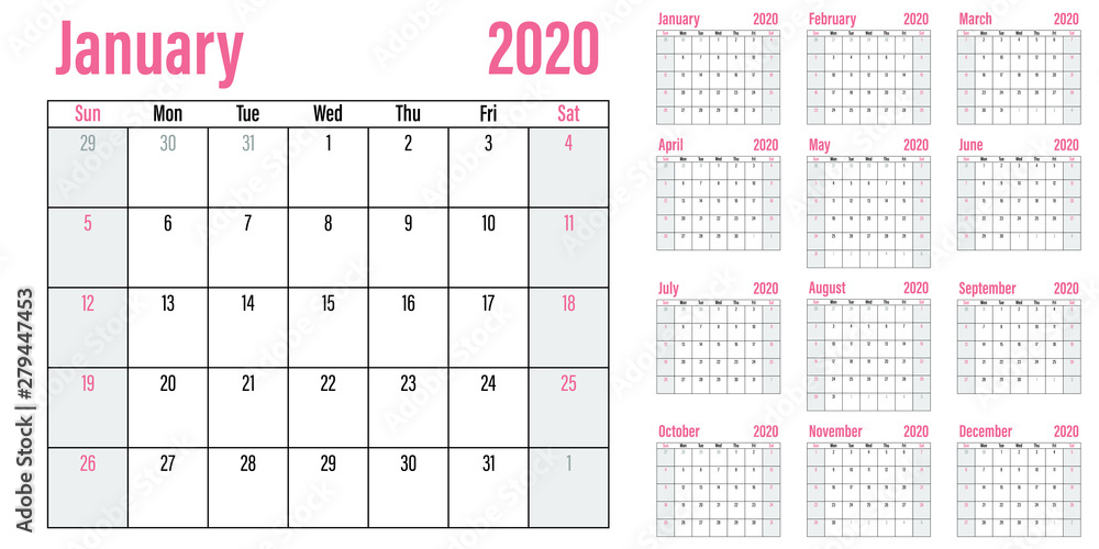 Calendar planner 2020 template vector illustration all 12 months week ...
